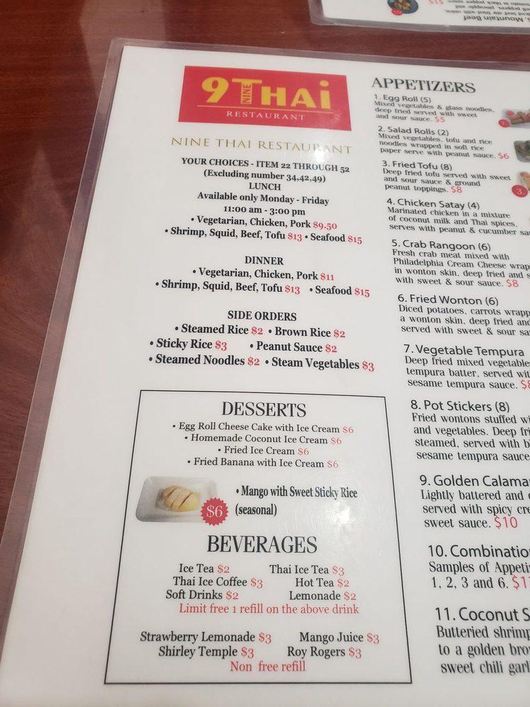 Menu at 9 Thai Restaurant, Klamath Falls
