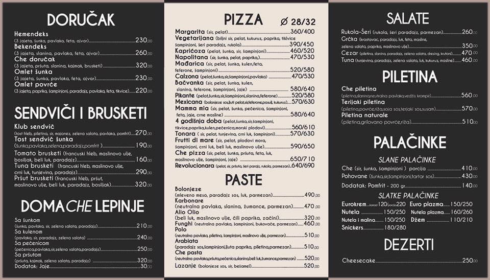 Menu at Caffe Pizzeria "Che", Backa Palanka