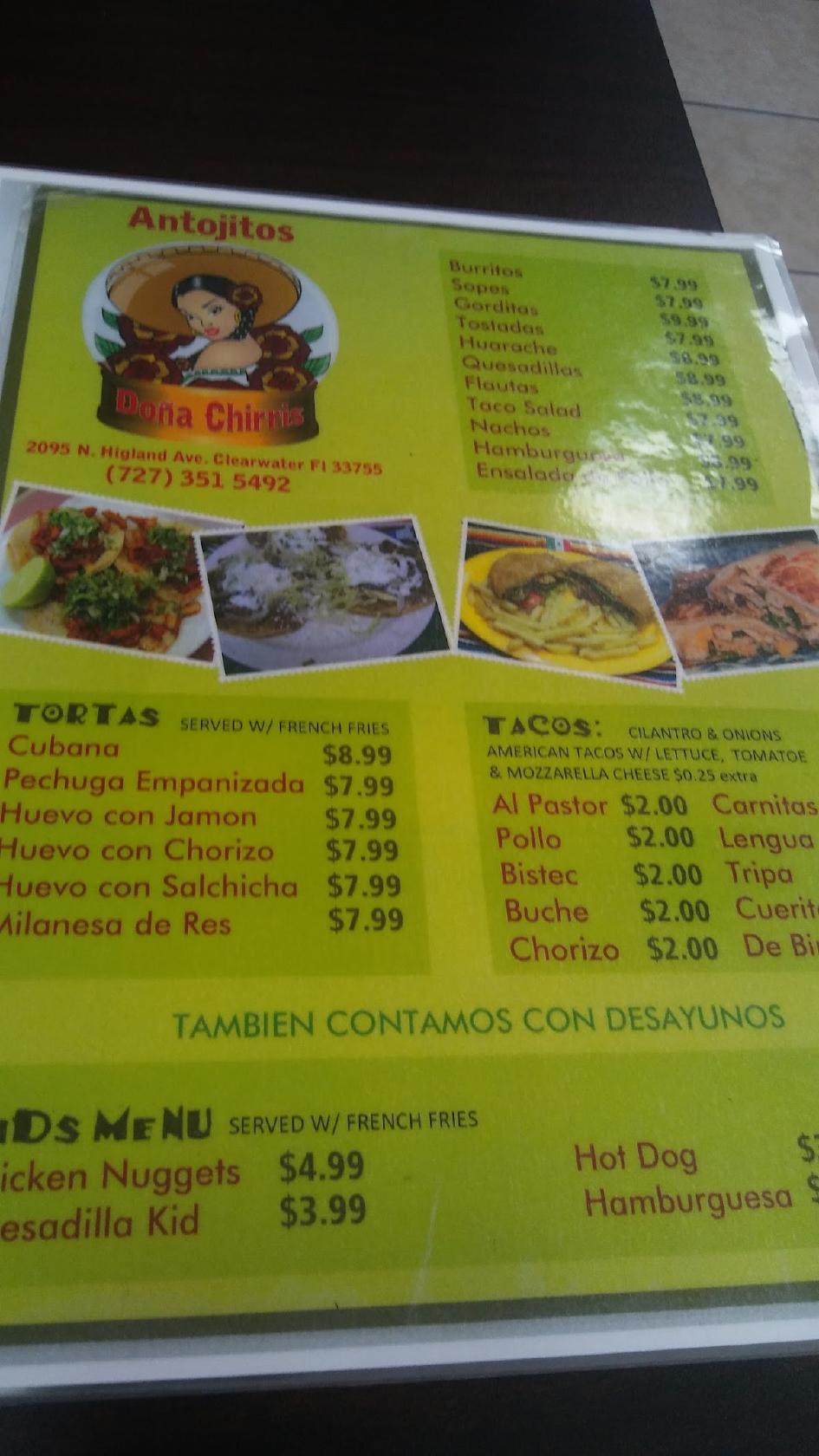 Menu at Antojito Dona Chirris restaurant, Clearwater