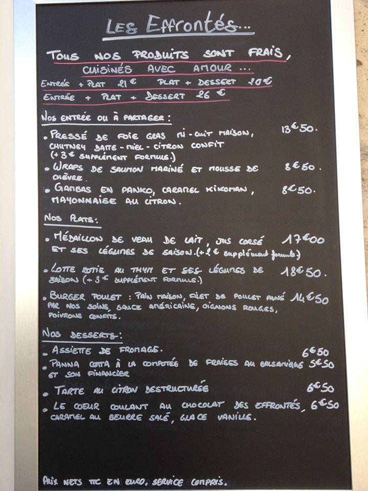 Menu at Les Effrontés restaurant, Angoulême, 18 Pl. du Palet