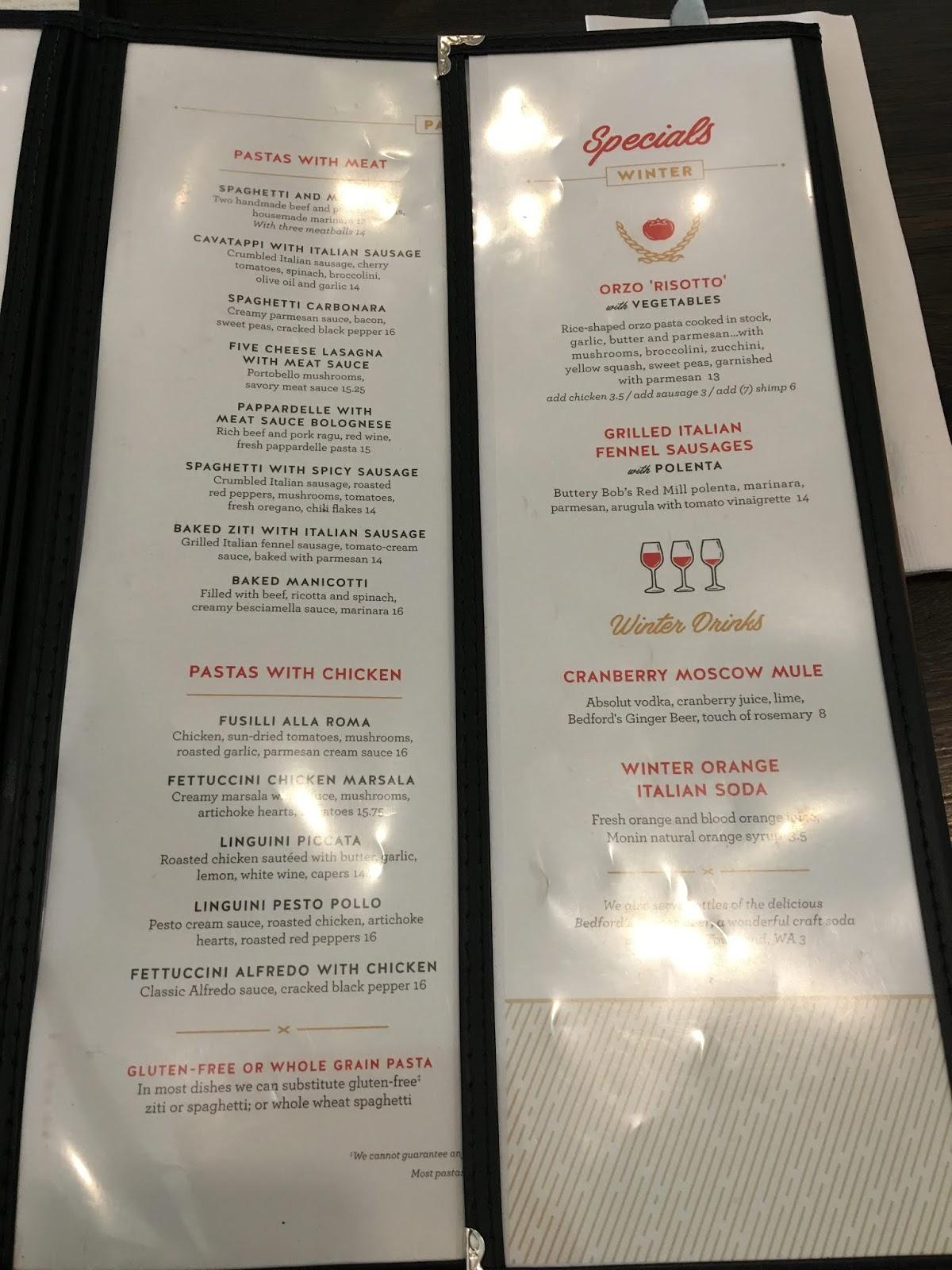 Menu at Pastini restaurant, Bend