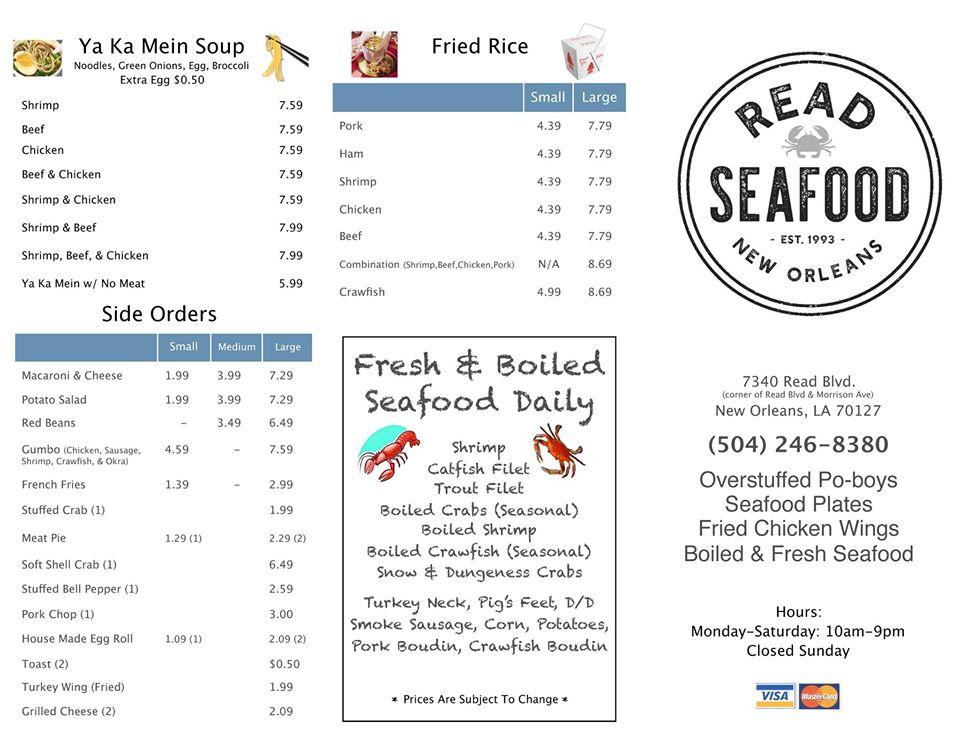 Menu at Read Seafood restaurant, New Orleans