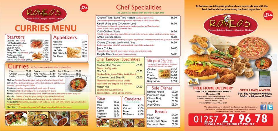 Menu at Romeo's Food House fast food, Chorley, 78 Pall Mall