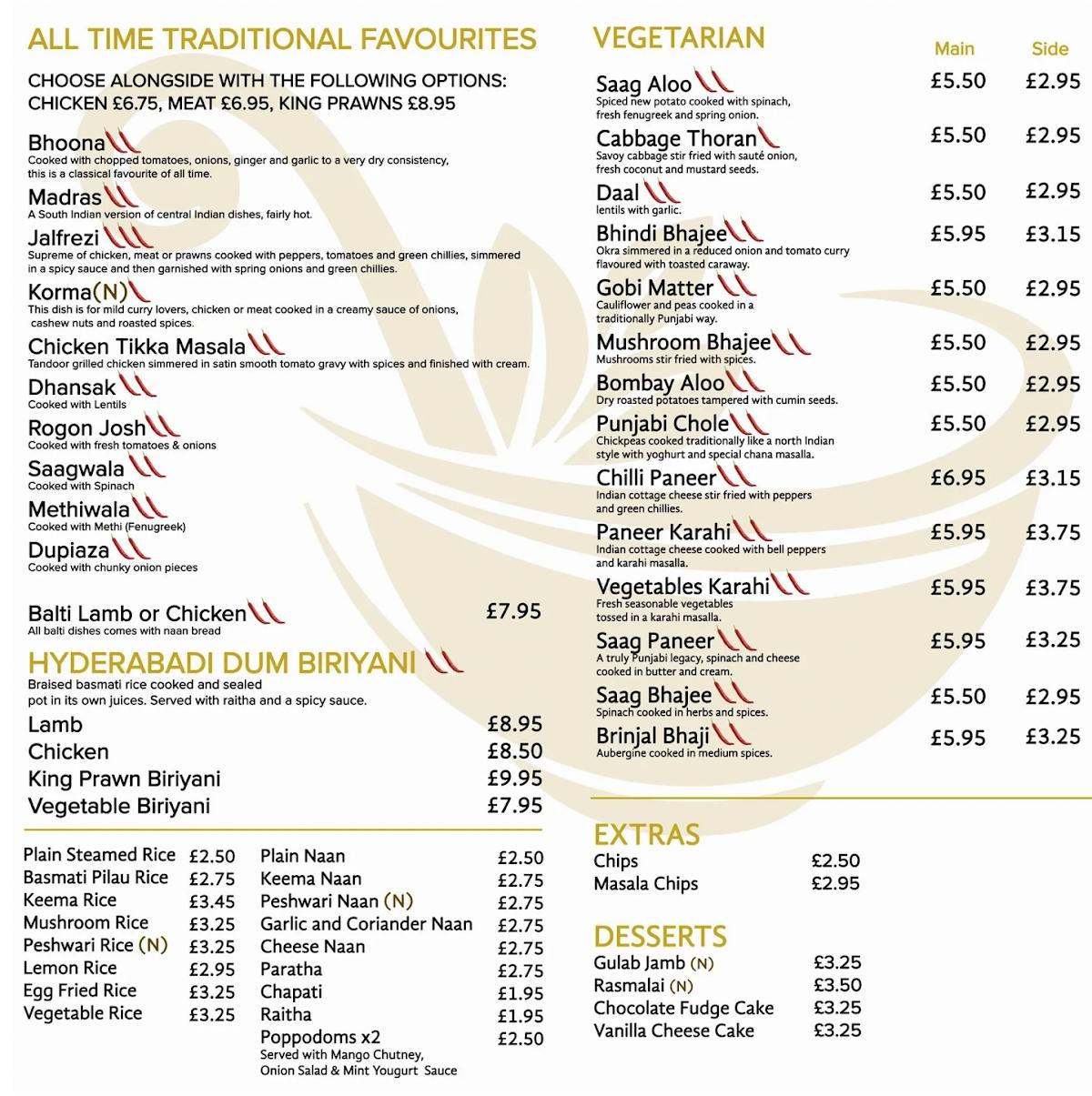 Menu at Spice Moghuls, Milton Keynes
