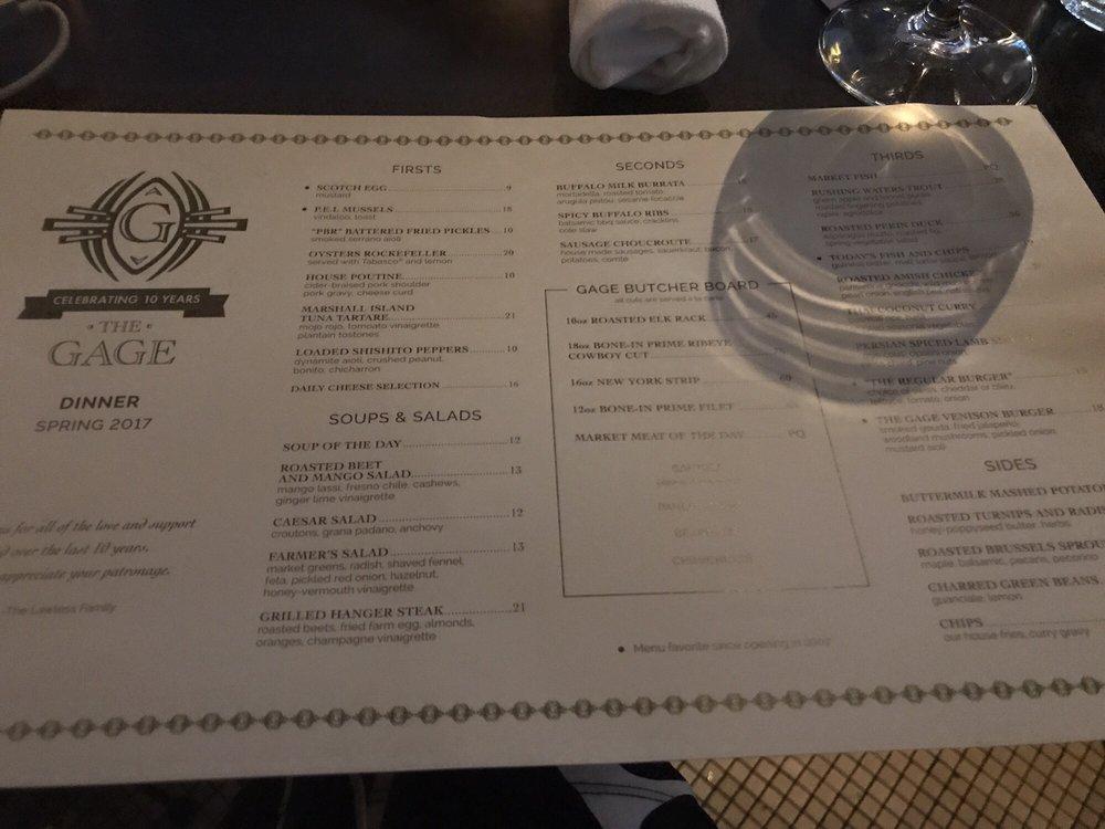 Menu at The Gage pub & bar, Chicago