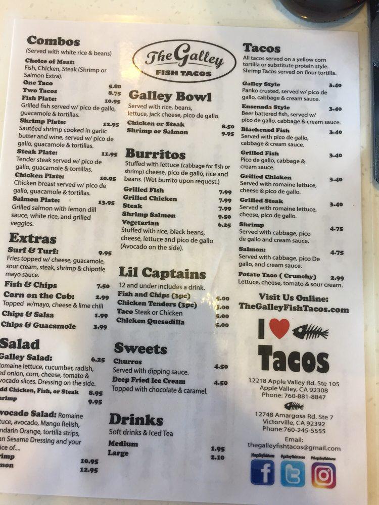 Menu at The Galley Fish Tacos restaurant, Apple Valley