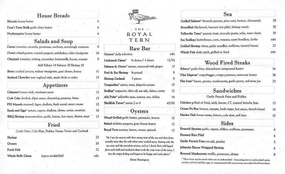 Carta del restaurante The Royal Tern, Johns Island
