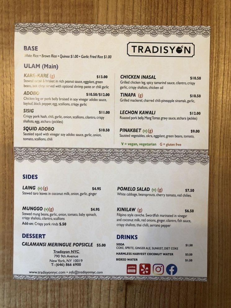 Menu at Tradisyon restaurant, West New York, 790 9th Ave