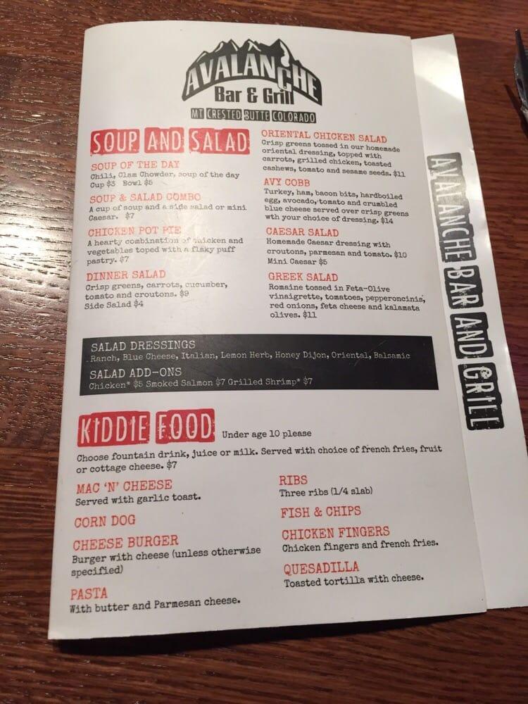 Menu at Avalanche Bar & Grill!, Crested Butte