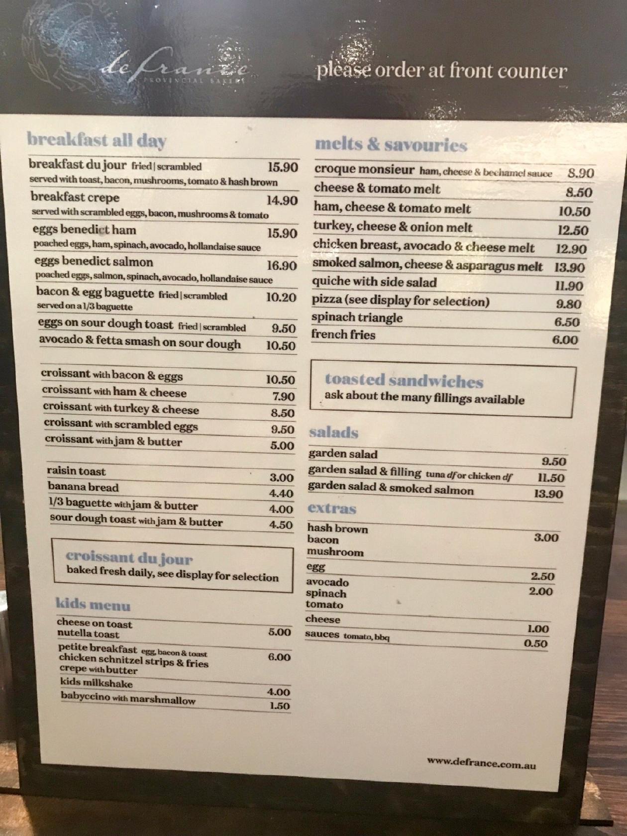 Menu at De France Provincial Bakery, Miranda