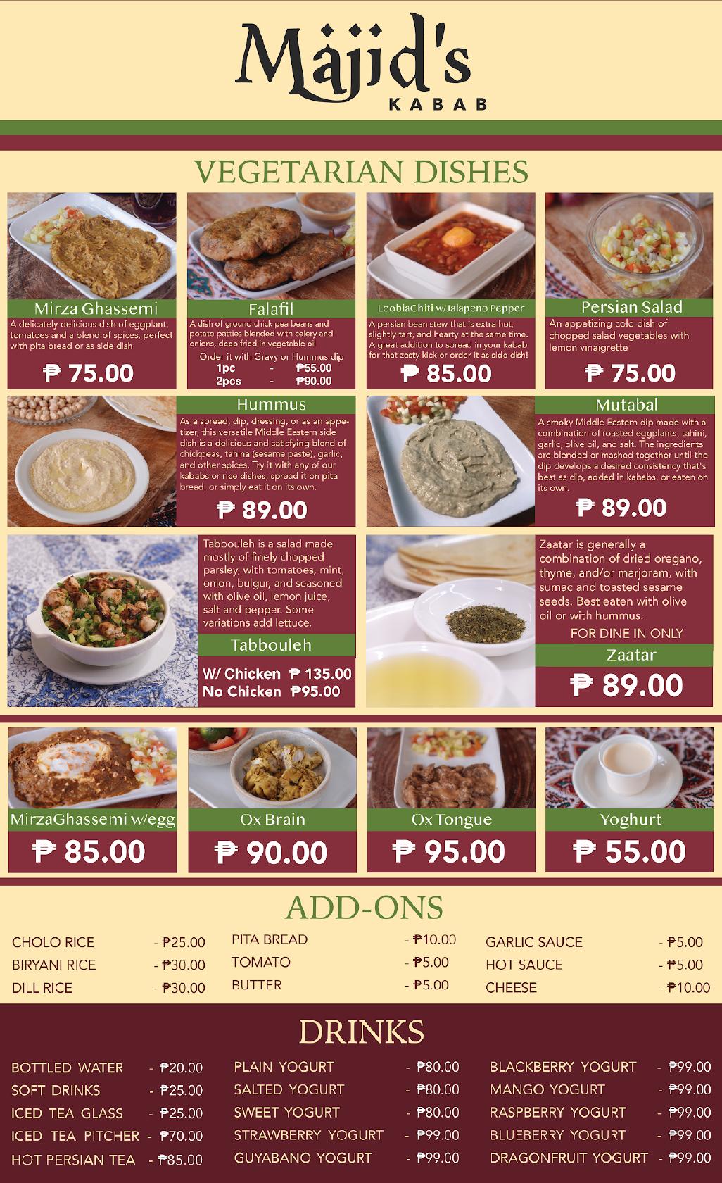 Menu at Majid's Kabab restaurant, Davao City, Mabini St