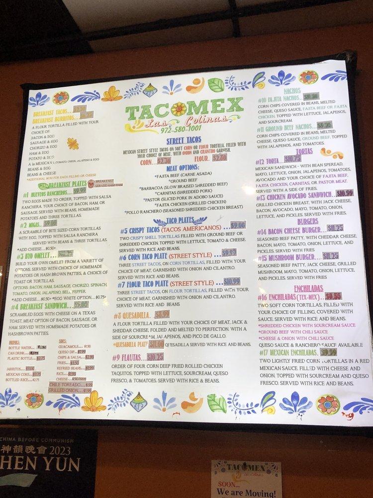 Menu at Tacomex Las Colinas restaurant, Irving