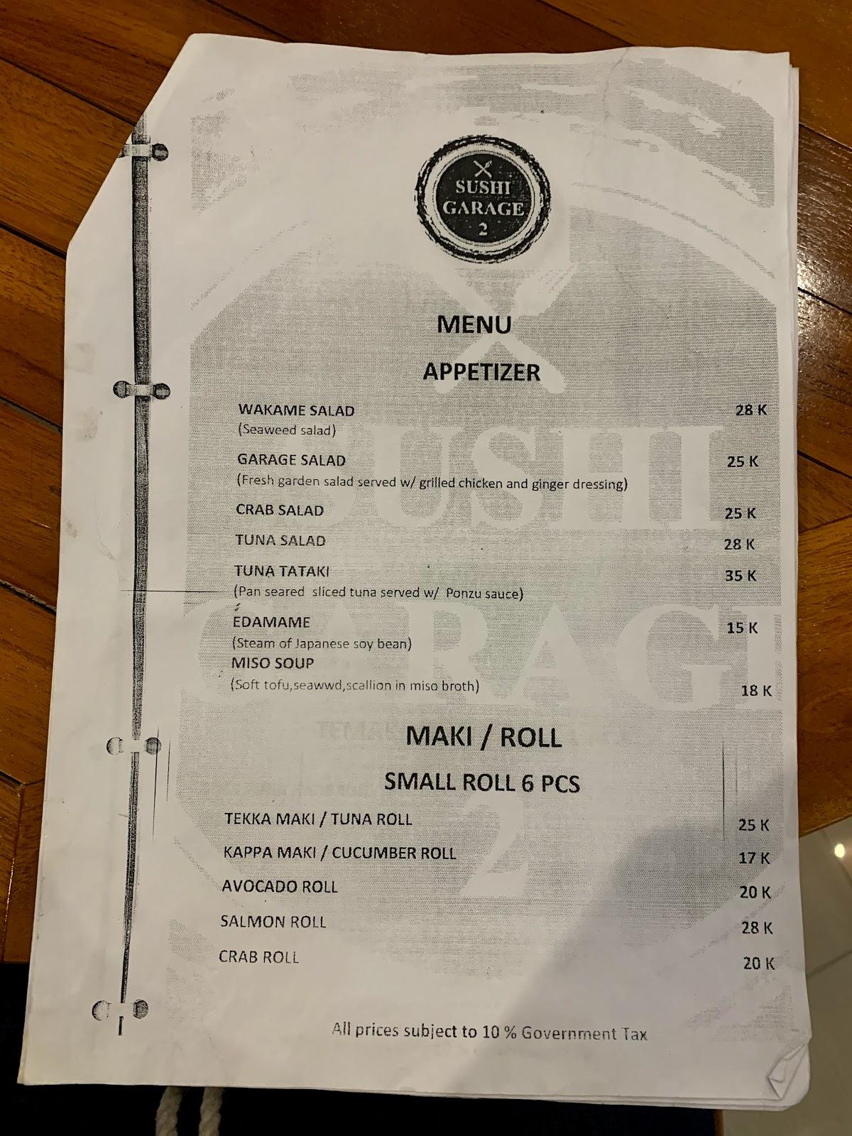 Menu at sushi garage 2 restaurant, Sayan