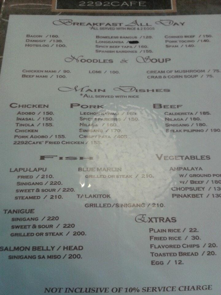 Carta de 2292 Cafe, Makati, Toyata Building
