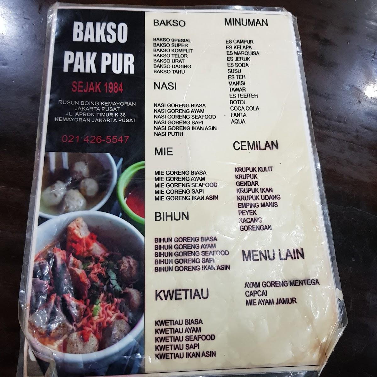 Menu at Bakso Pak Pur restaurant, Jakarta, Jl. Apron Kecamatan No.47