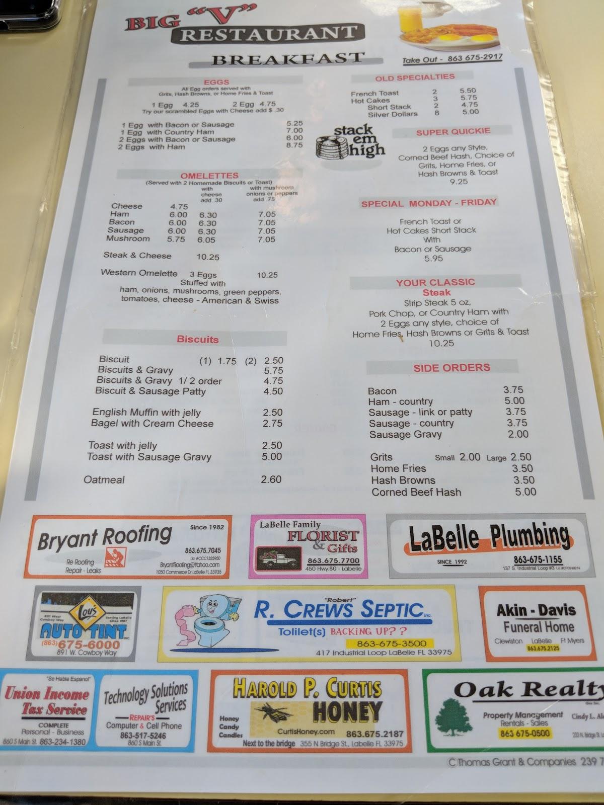 Menu at Big V Restaurant, LaBelle