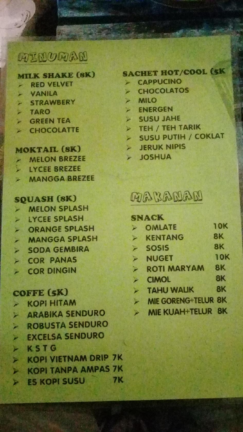 Menu at Djodok Cafe, Senduro