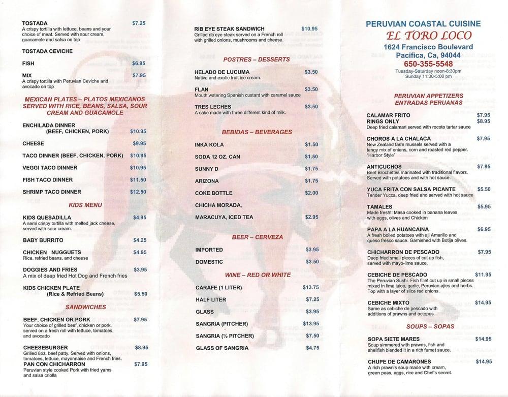 Carta del restaurante El Toro Loco, Pacifica, Francisco Blvd