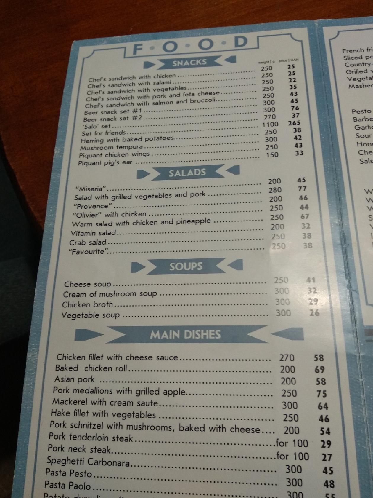 Menu at Gallery cafe, Kolomyya
