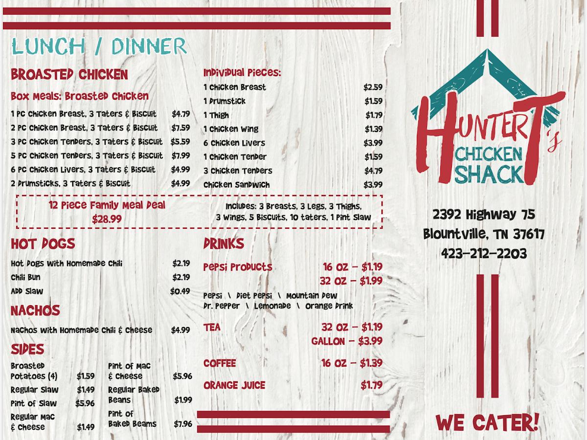 Menu at Hunter T's Chicken Shack restaurant, Kingsport