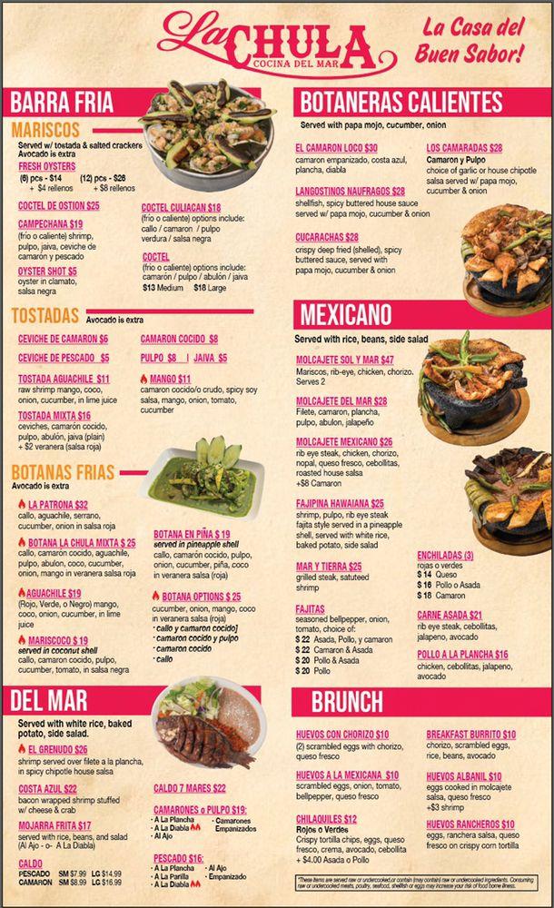 Menu at Mariscos La Chula restaurant, Downey