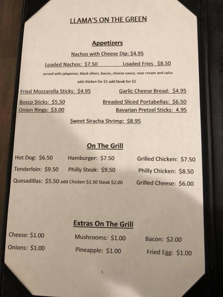Menu at Llama's on the Green restaurant, Robinson