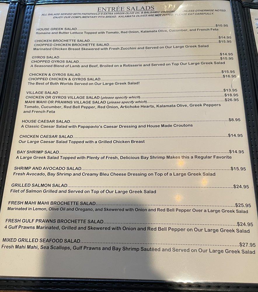 Menu at Lodi Papapavlo’s restaurant, Lodi