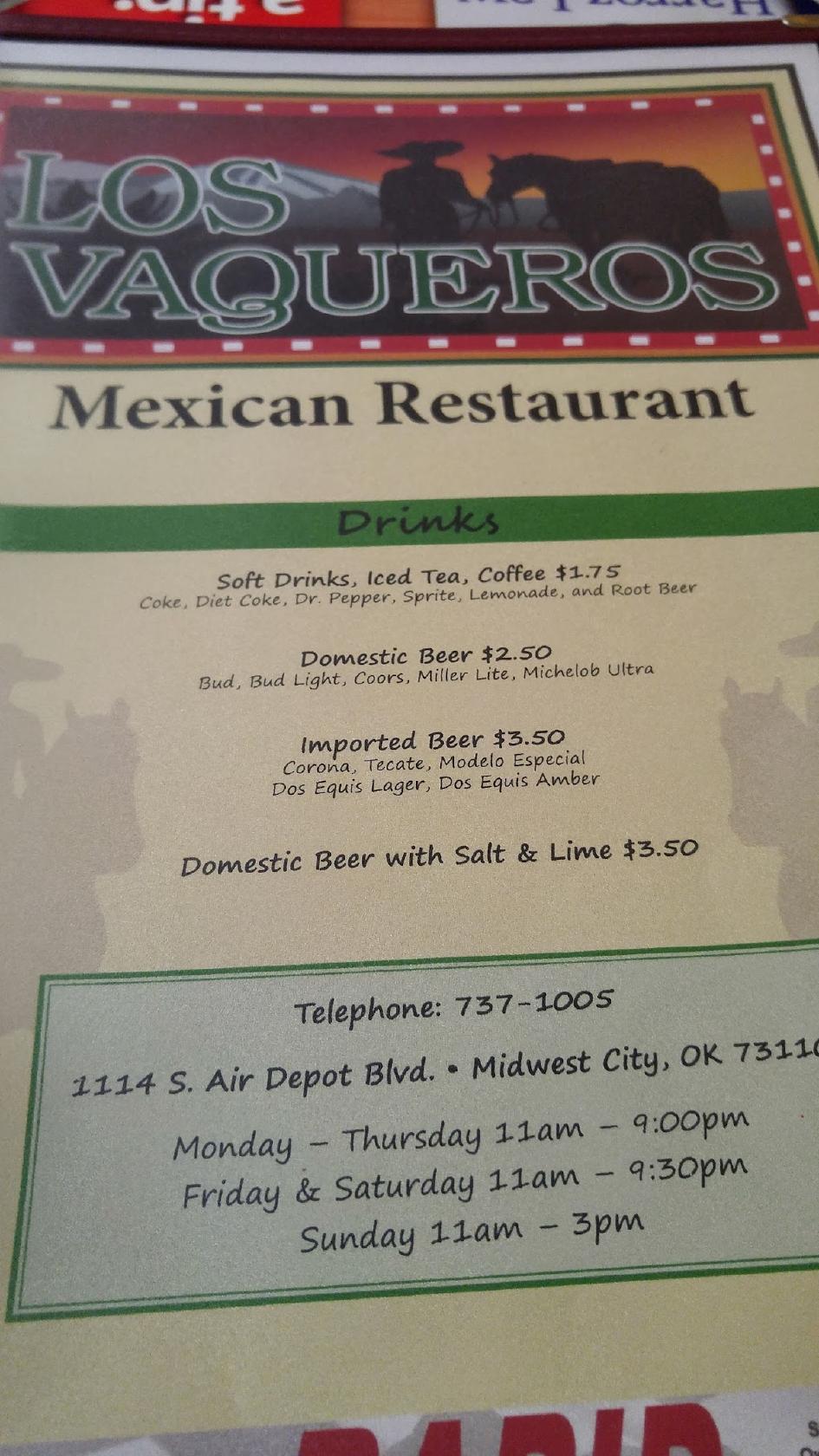 Menu at Los Vaqueros #4 restaurant, Oklahoma City, S Air Depot Blvd STE 2