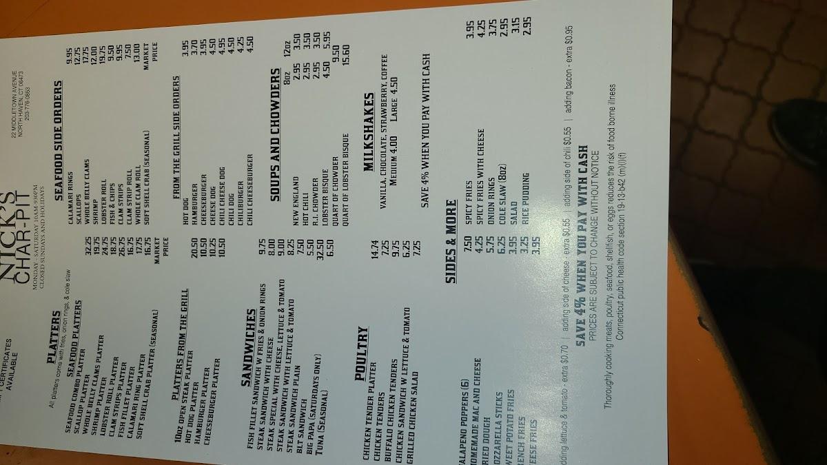 Menu at Nick's Char Pit fast food, North Haven