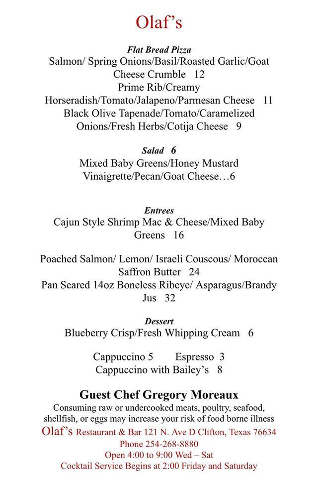 Menu at Olaf's Restaurant and Bar, Clifton