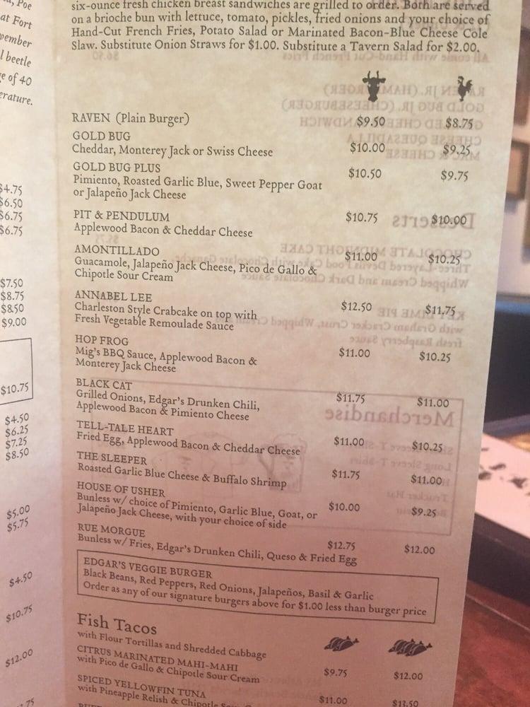 Menu at Poe's Tavern pub & bar, Atlantic Beach