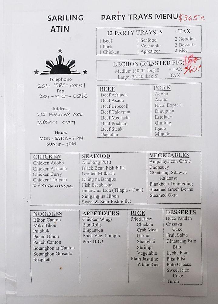 Menu at Sariling Atin BBQ, Jersey City