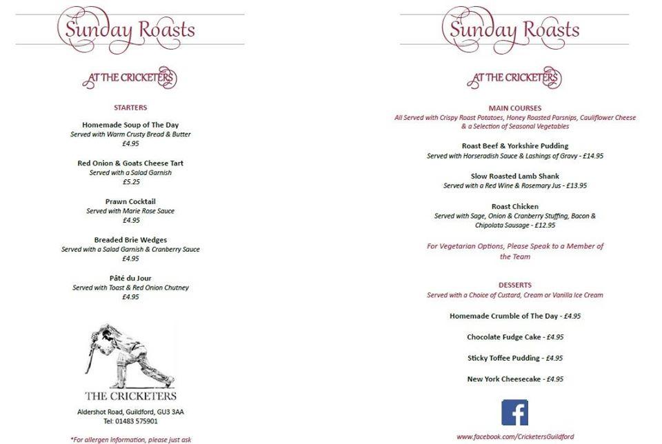 Menu at The Cricketers pub & bar, Guildford