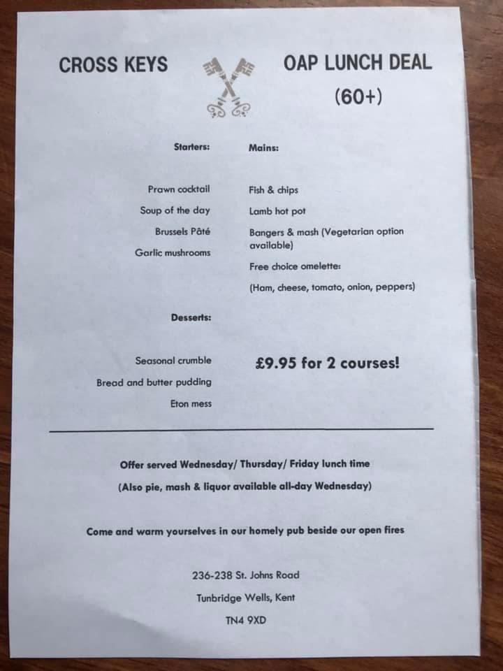 Menu at The Cross Keys Pub, Royal Tunbridge Wells, 236-238 St John's Rd