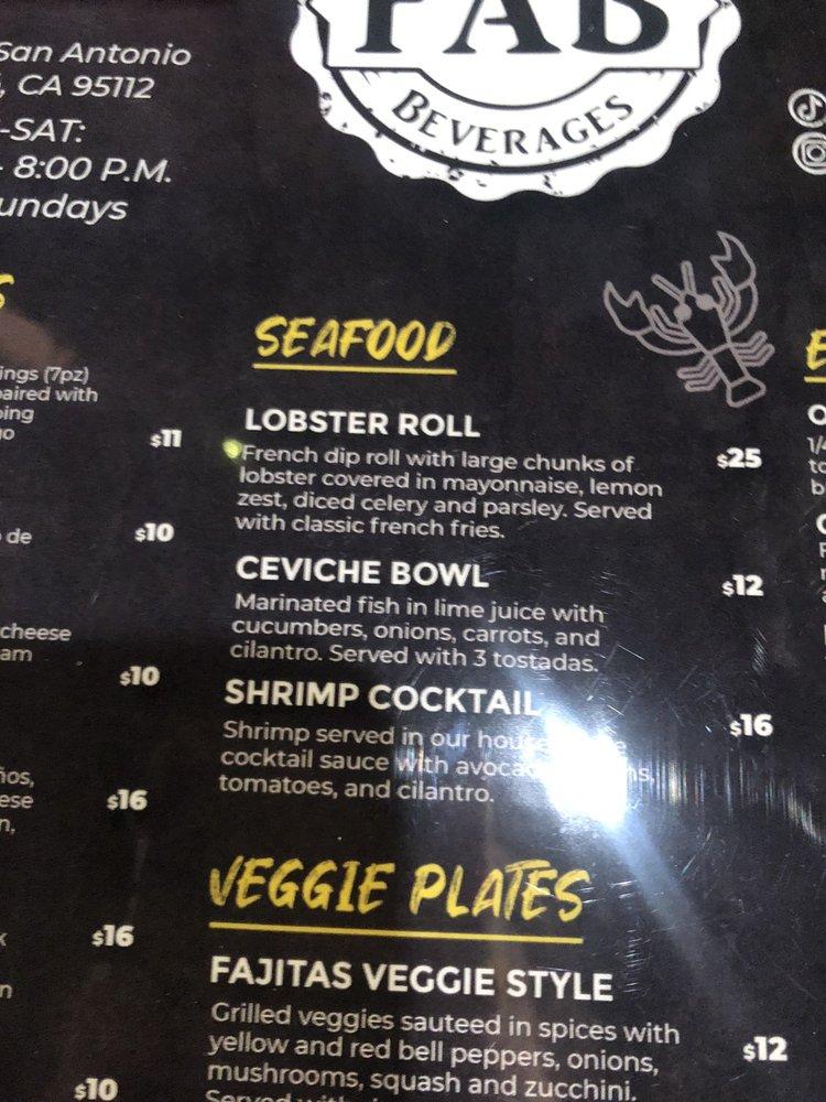 Menu at The FAB pub & bar, San Jose