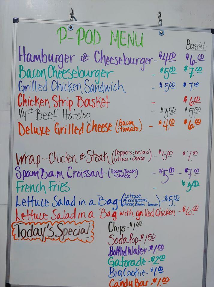 Menu at The P-Pod restaurant, Blue Earth