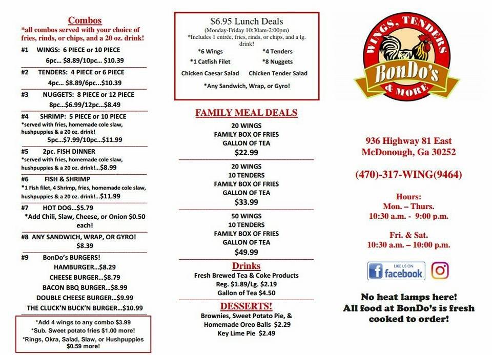 Menu at BonDo's restaurant, McDonough