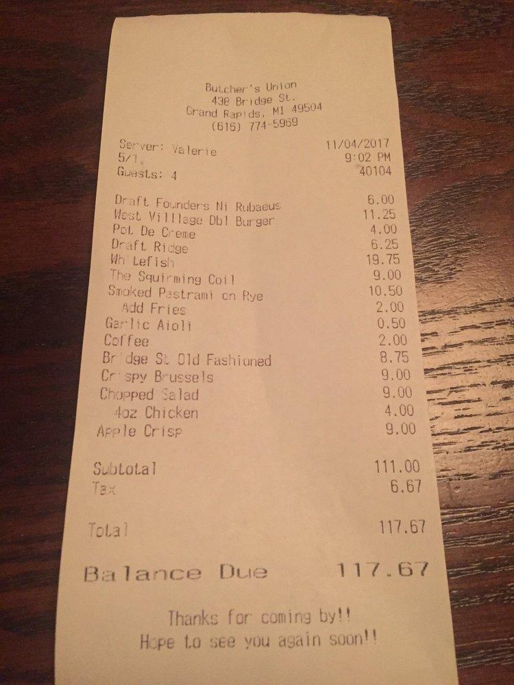 Menu at Butcher's Union pub & bar, Grand Rapids, 438 Bridge St NW