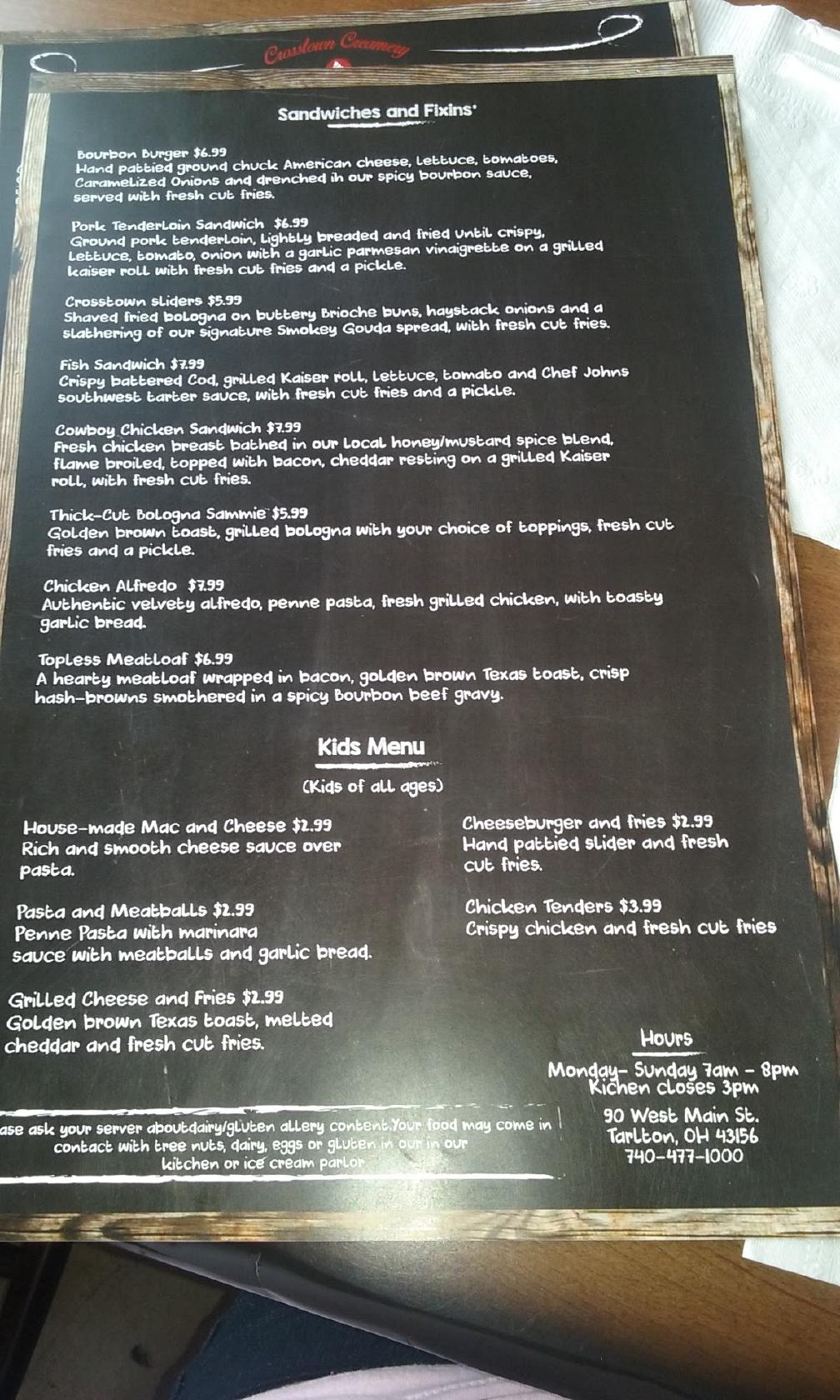 Menu at Crosstown Creamery restaurant, Tarlton