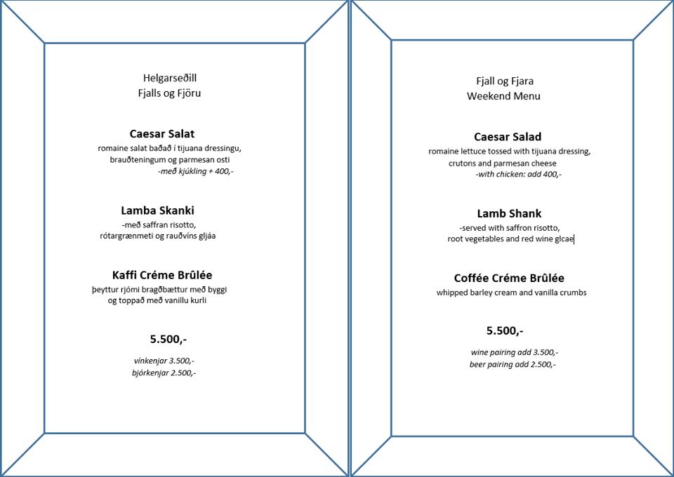 Menu at Fosshotel Westfjords restaurant, Patreksfjörður