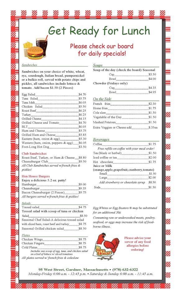 Menu at The Hen House restaurant, Gardner