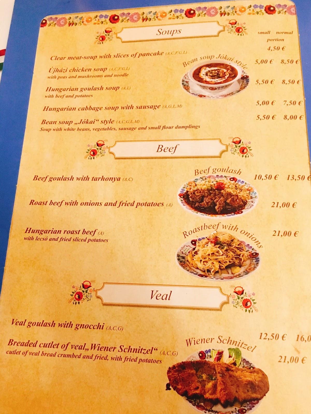 Menu at Ilona Stüberl restaurant, Vienna