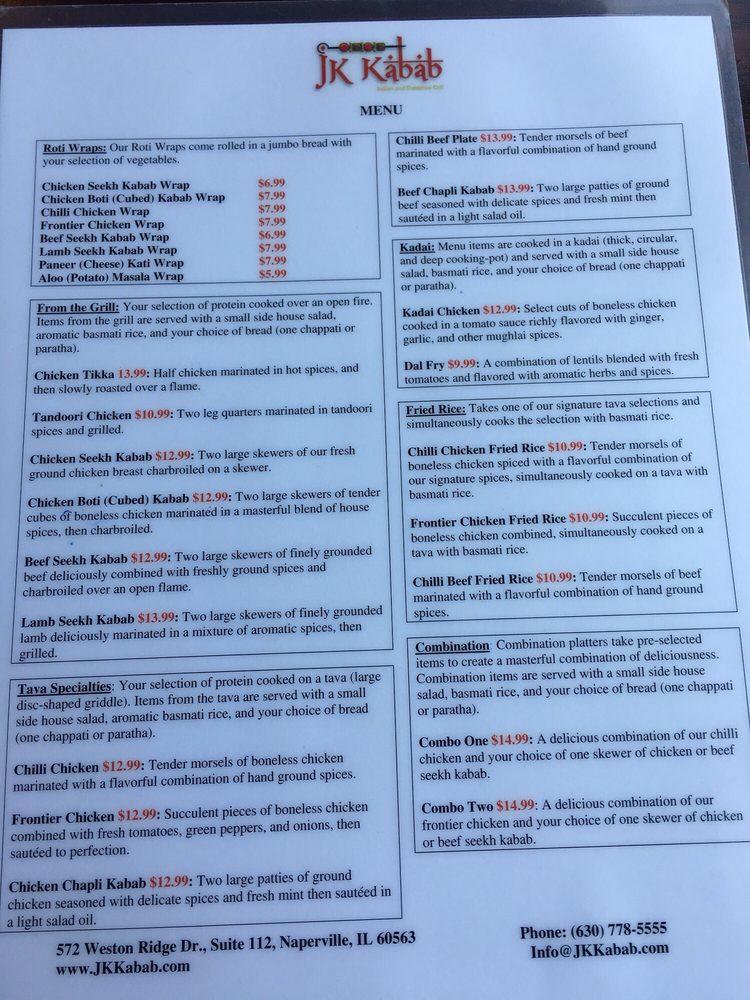 Menu at JK Kabab restaurant, Naperville