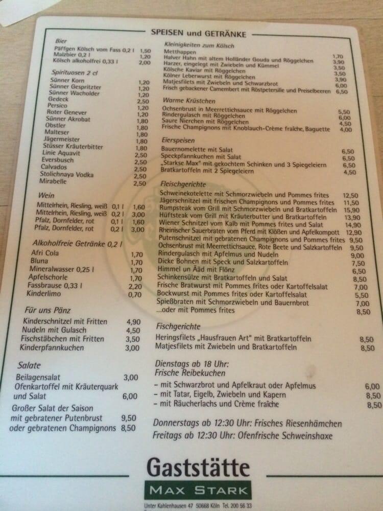 Carta del restaurante Max Stark, Colonia