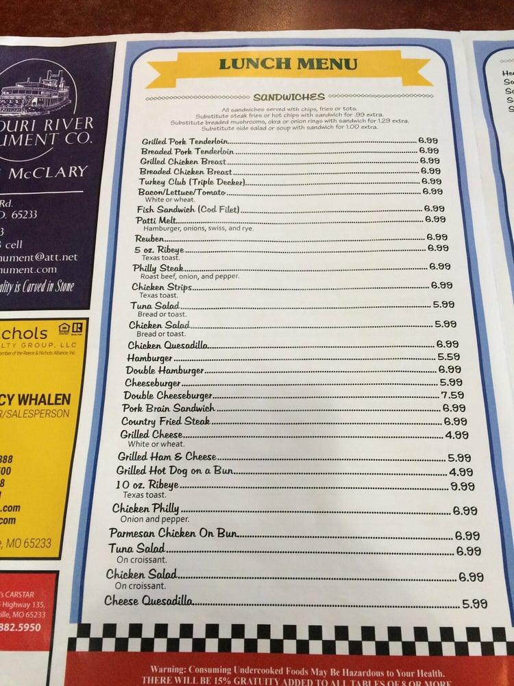 Menu at The 87 Diner restaurant, Boonville