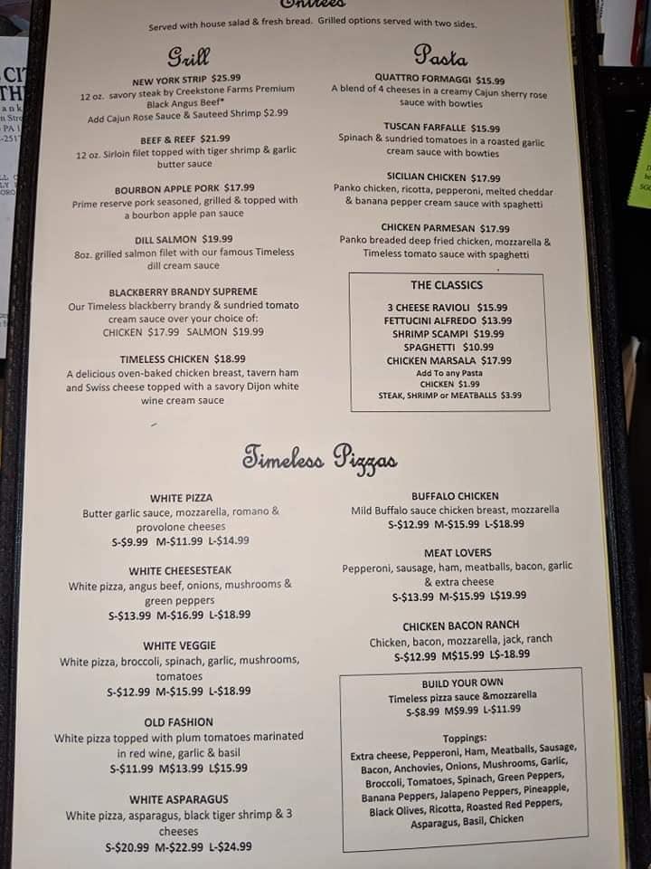 Menu at Timeless Destination pizzeria, Wellsboro