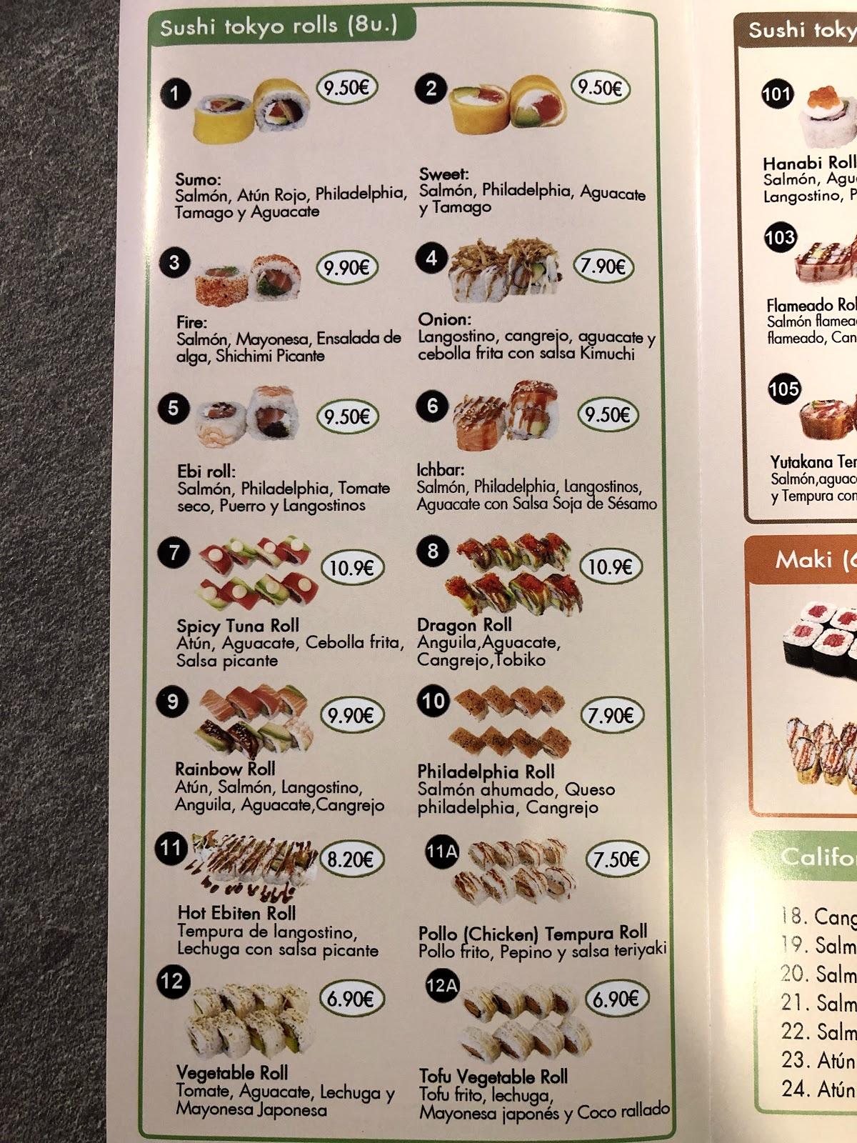 Carta de Tokyo Sushi Restaurante, Premià de Mar