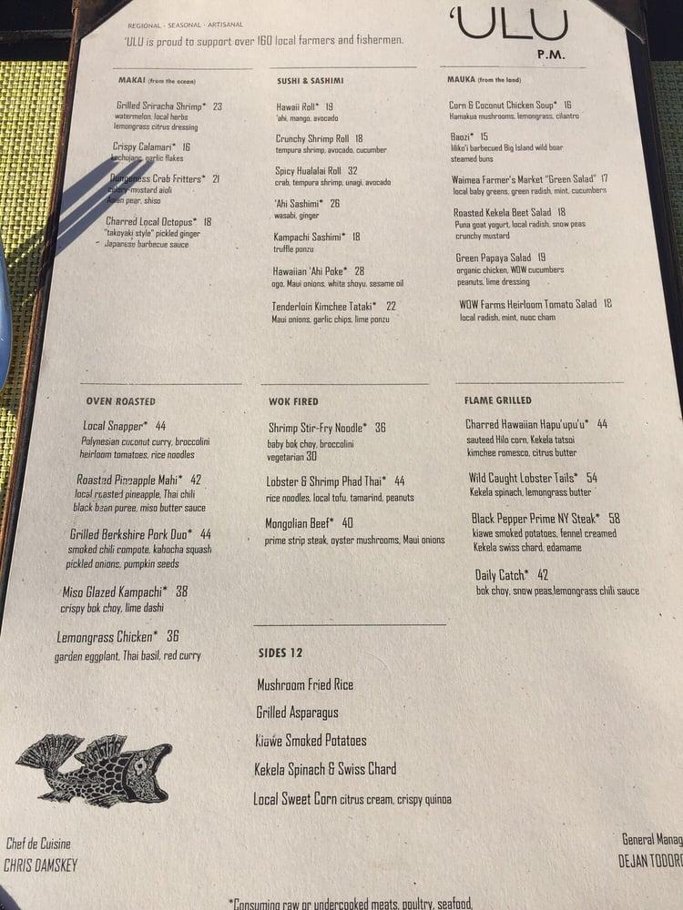 Menu at ULU Ocean Grill restaurant, Kalaoa