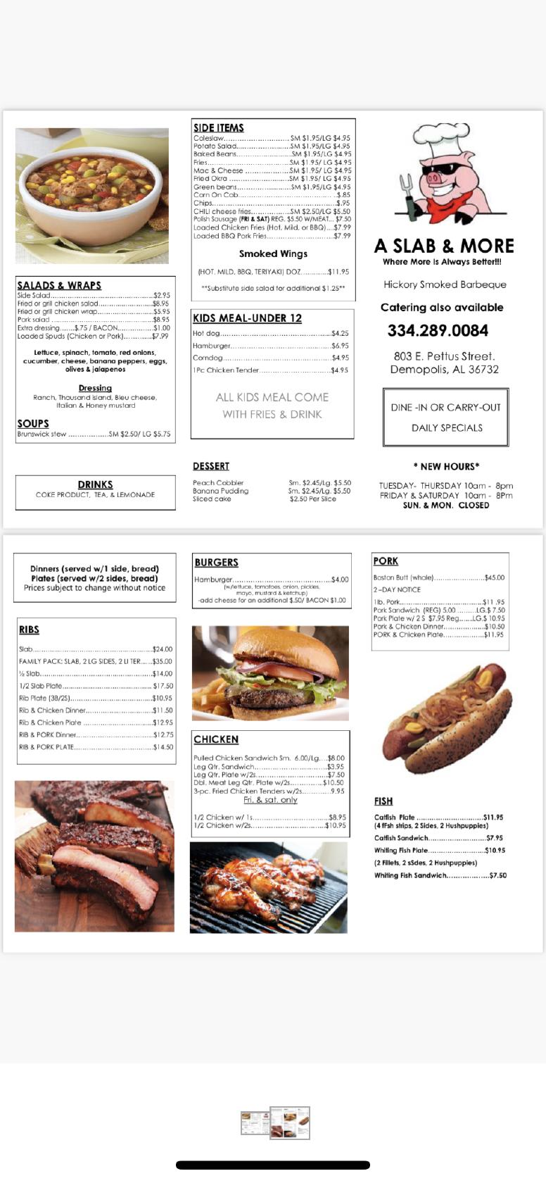 Menu at A Slab and More BBQ, Demopolis