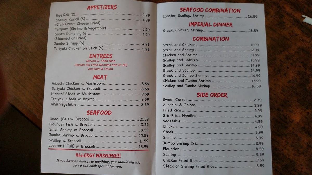Menu at Akai Hibachi restaurant, Williamston
